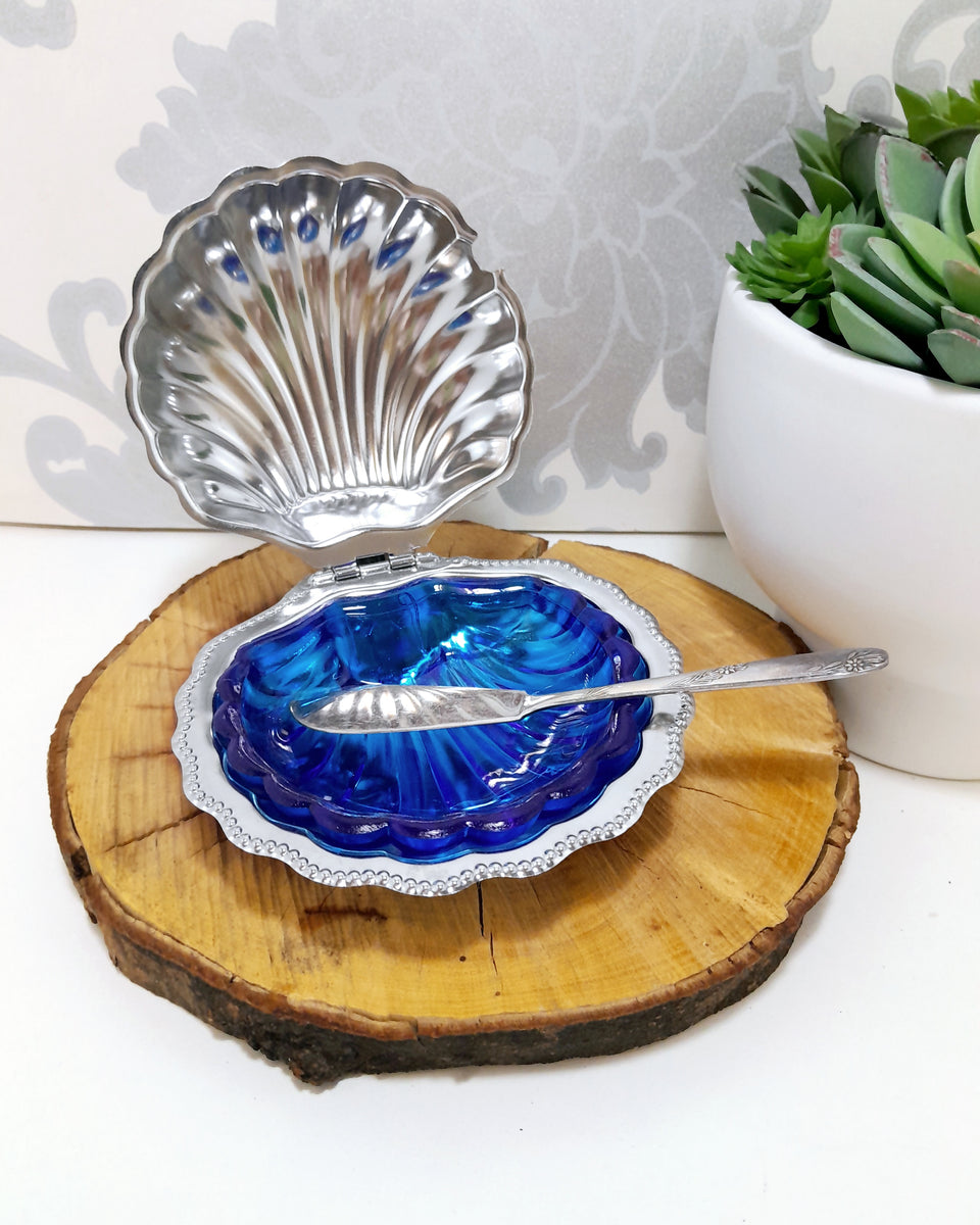 Silver Metal Shell Butter Dish With Blue Glass Liner & Angora EPNS But ...