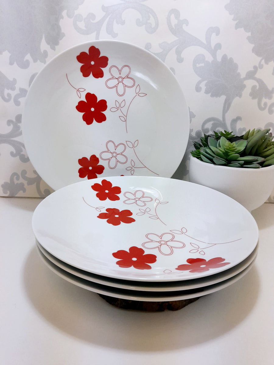 Contemporary Set Of 4 Extra Large Porcelain Dinner Plates – Red & Whit ...