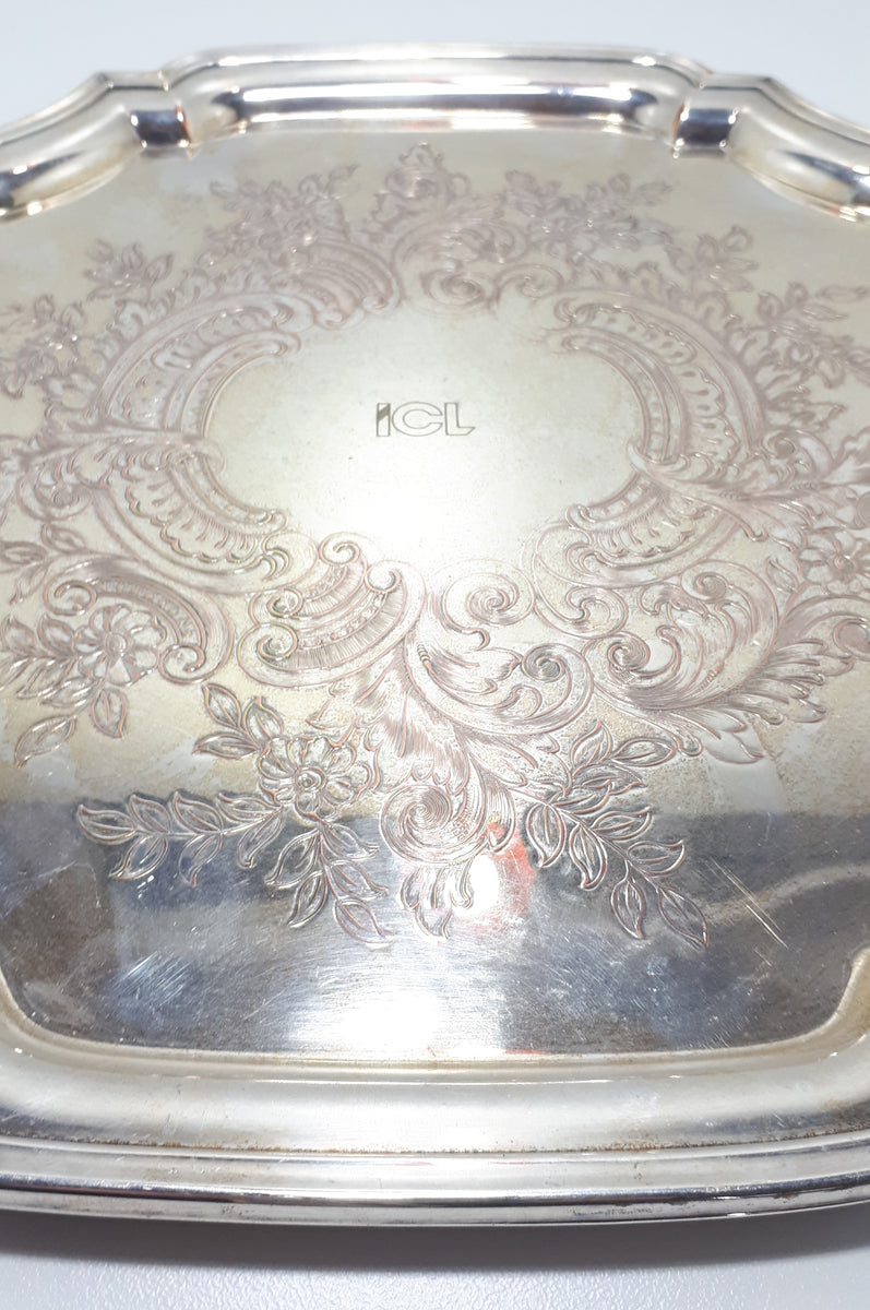Mid-Century Vintage Silver plated Tray With Serpentine Rim & Etched Ba ...